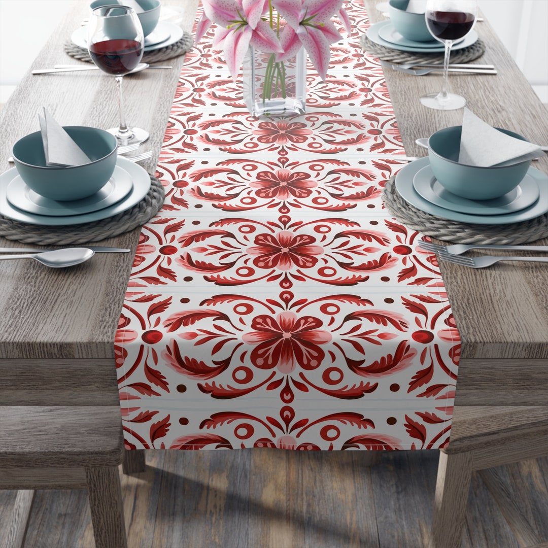 Red Table Runner Talavera Pattern Design Floral Elements - Etsy