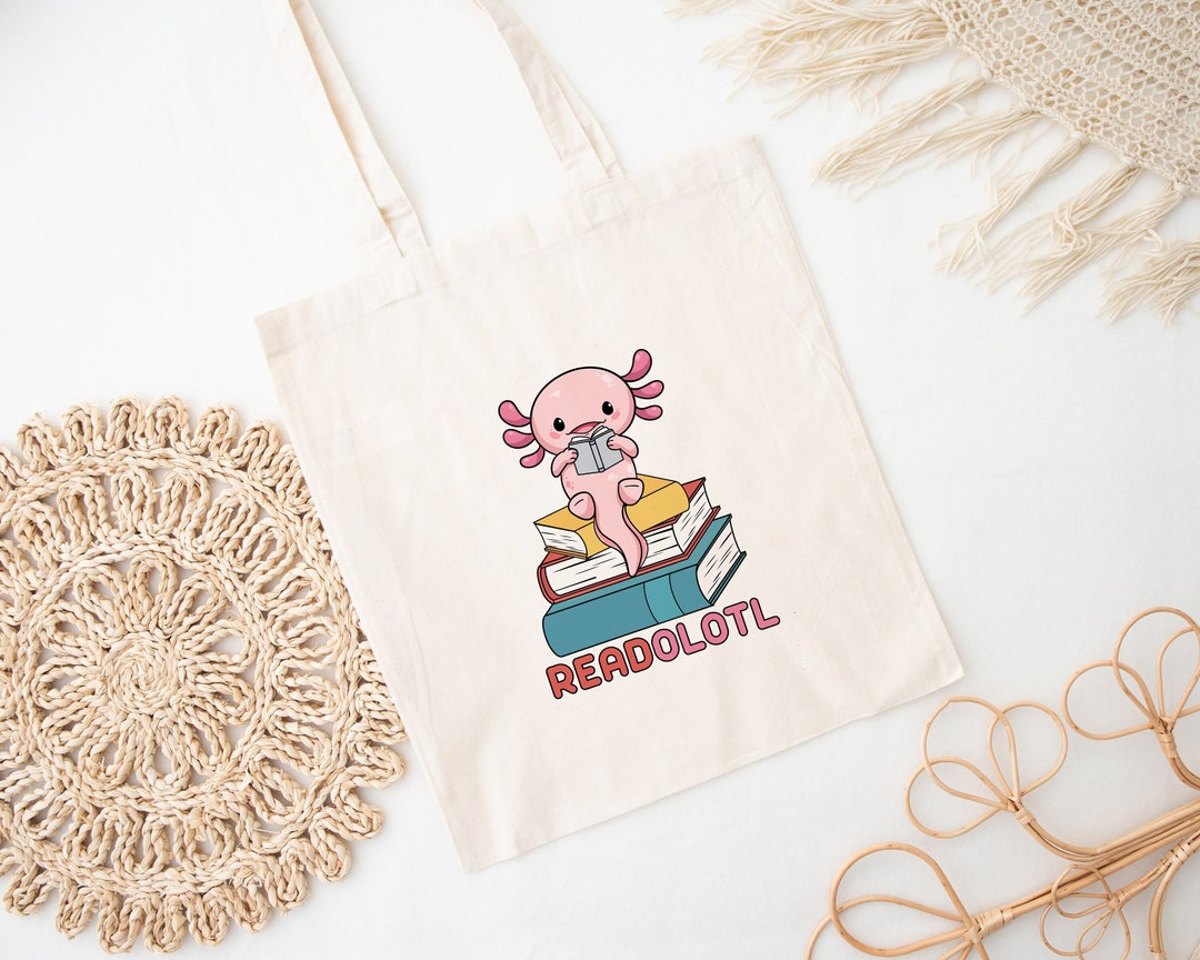 Reading Axolotl Tote Bag, Read A Lot Tote, Gift for Readers, Cotton ...