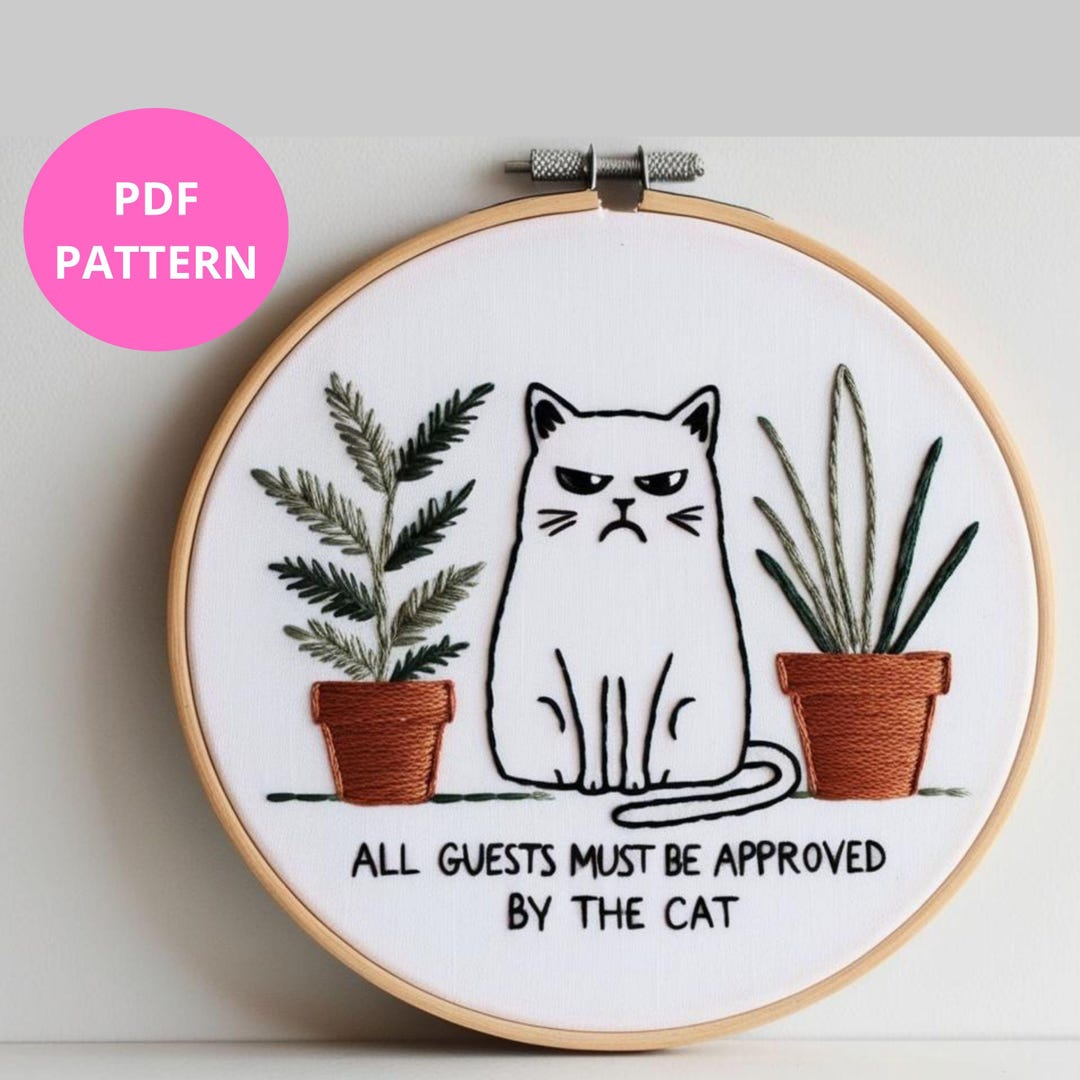 Line Art Cat Hand Embroidery Digital PDF Pattern , Grumpy Cat Hand ...