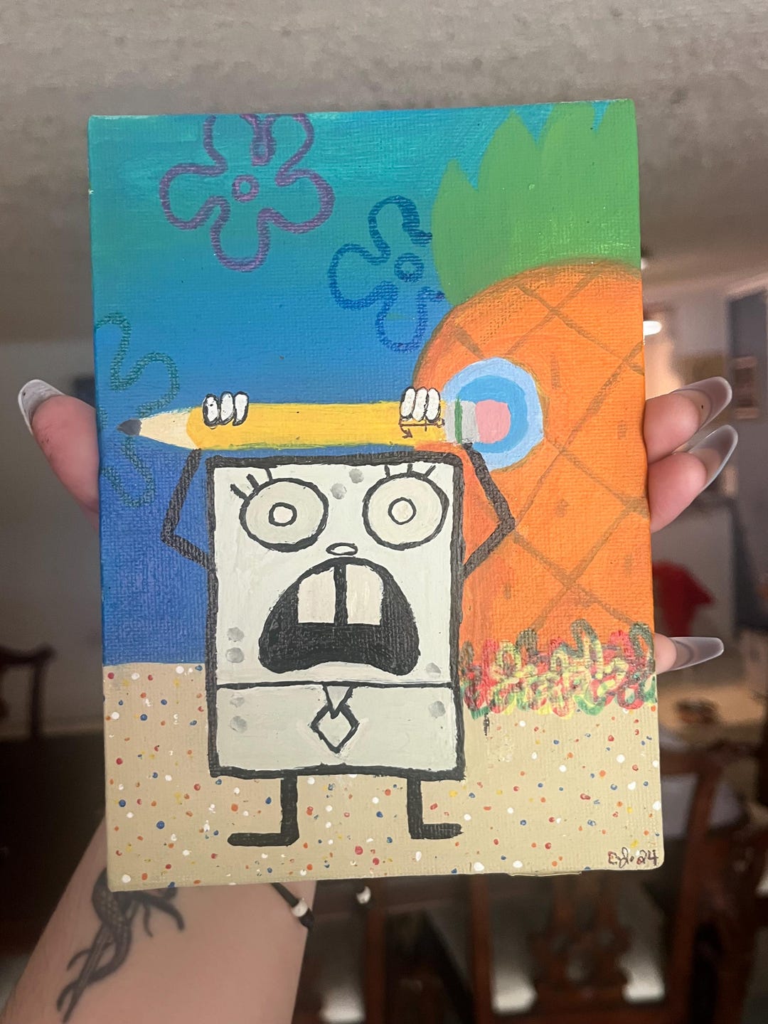 Hand Painted Doodlebob Pencil Canvas Painting - Etsy