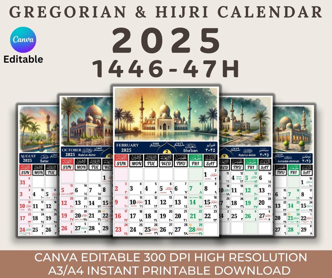Canva Editable 2025 1446/1447 Hijri Calendar With Gregorian and Hijri ...