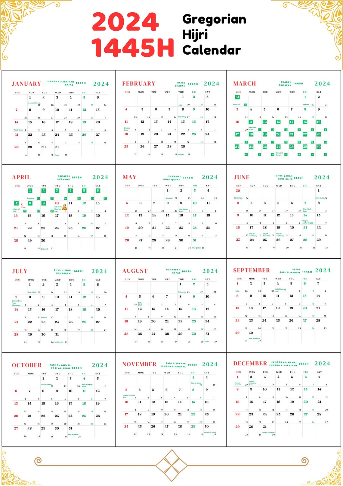 Canva Editable 2024 1445/1446 Islamic Calendar With Gregorian and Hijri ...