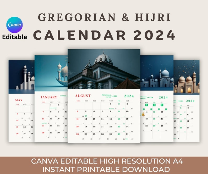 Canva Editable 2024 1445/1446 Islamic Calendar With Gregorian and Hijri ...