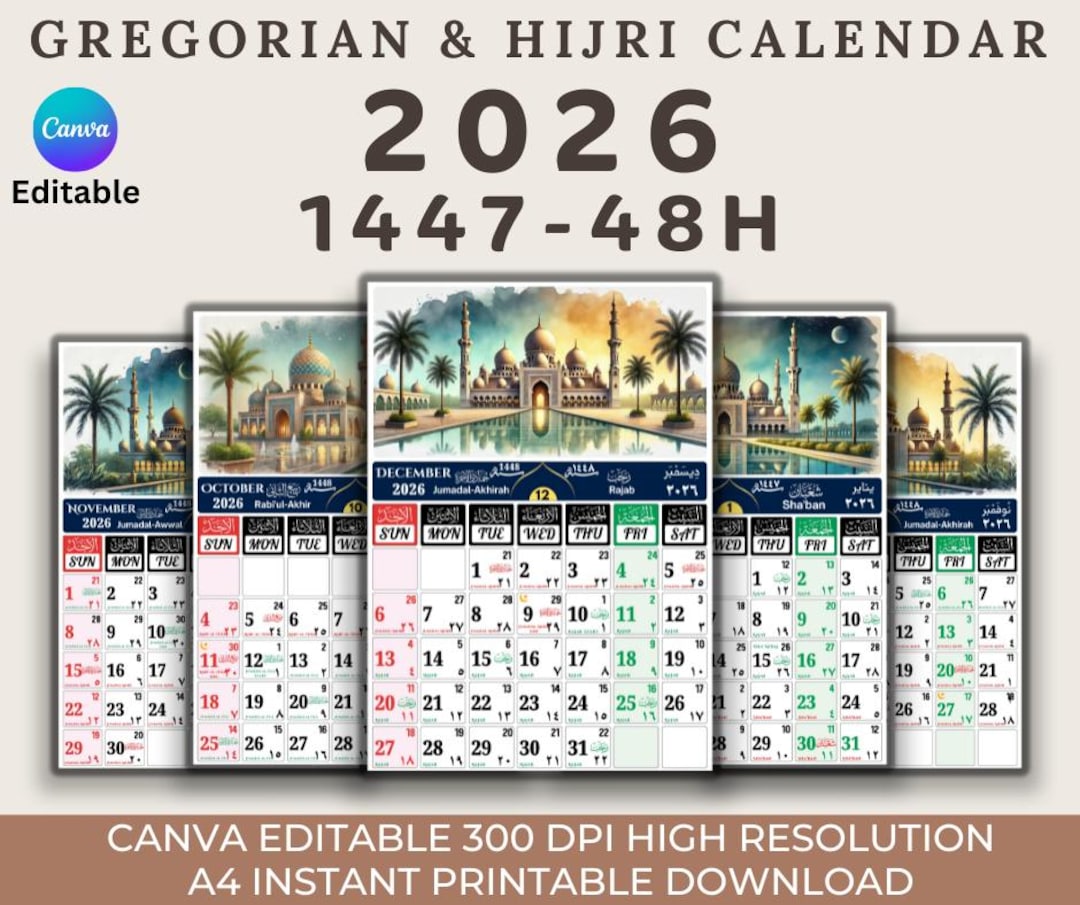 2026 Islamic Hijri Calendar Printable | Canva Editable Template 1447 ...