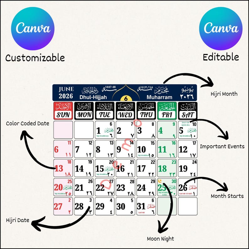 2026 Islamic Hijri Calendar Printable | Canva Editable Template 1447 ...