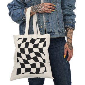 Natural Tote Bag Wavy Black and White Chequered Pattern - Etsy