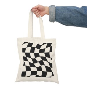 Natural Tote Bag Wavy Black and White Chequered Pattern - Etsy