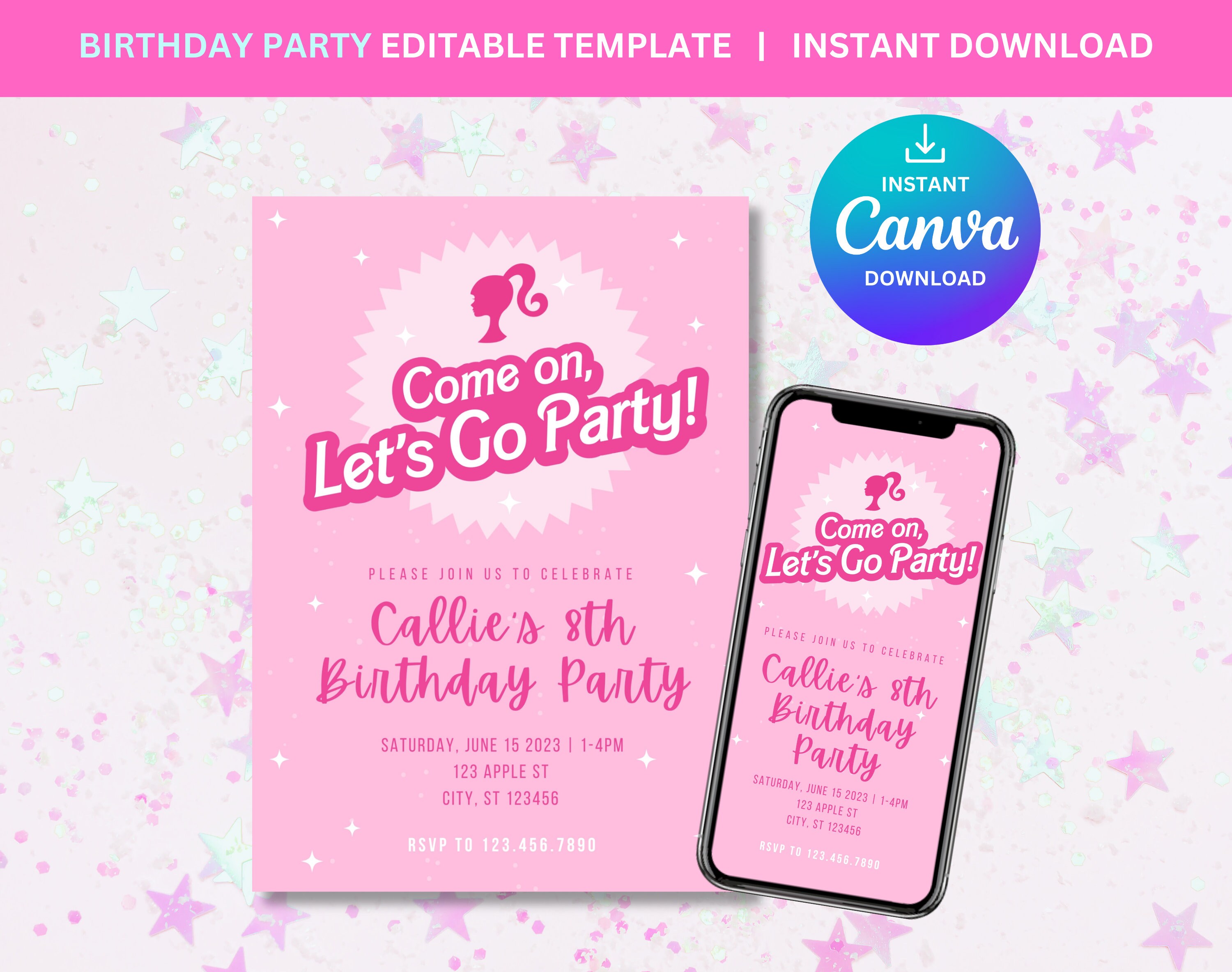 Malibu Birthday Party Invitation, Canva Editable Template, Girl's ...