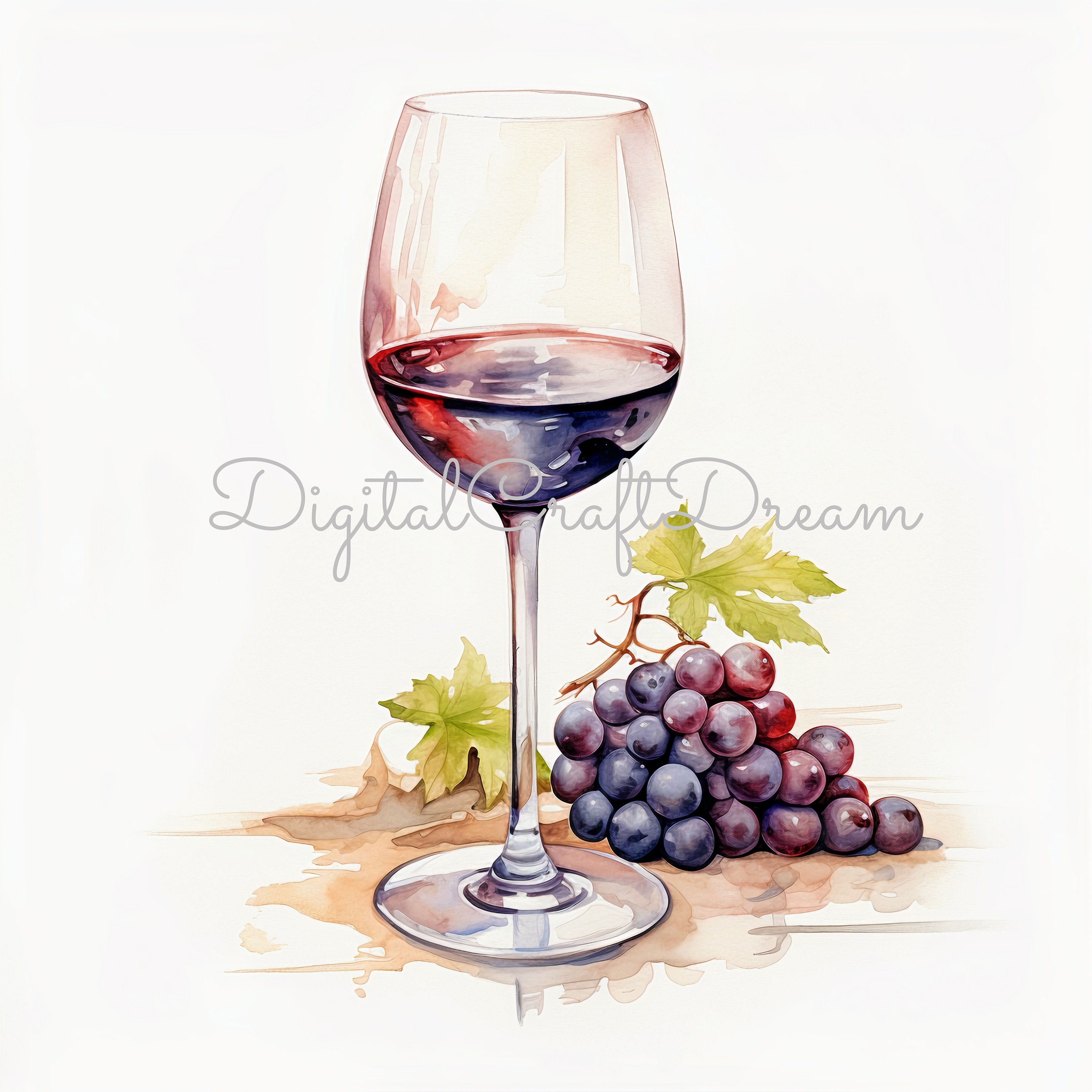 Elegant Wine Glass & Grape Cluster Clipart, Watercolor Style Digital ...