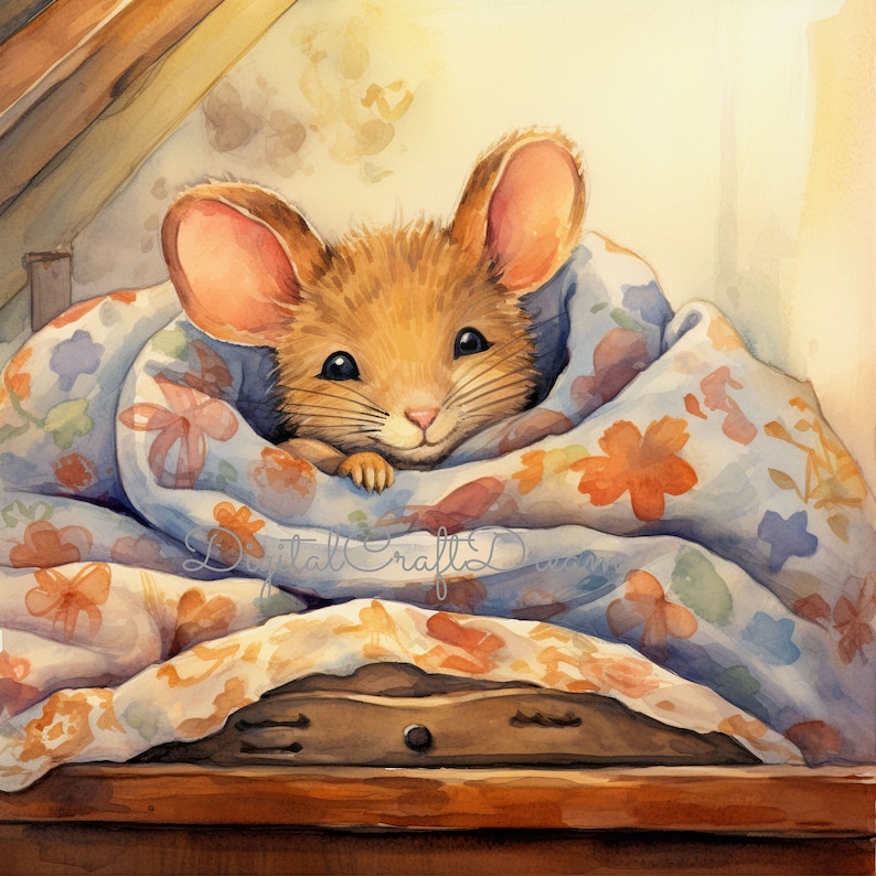 Mouse in Bed Clipart, Digital Download, Mouse Watercolor Images, Animal ...