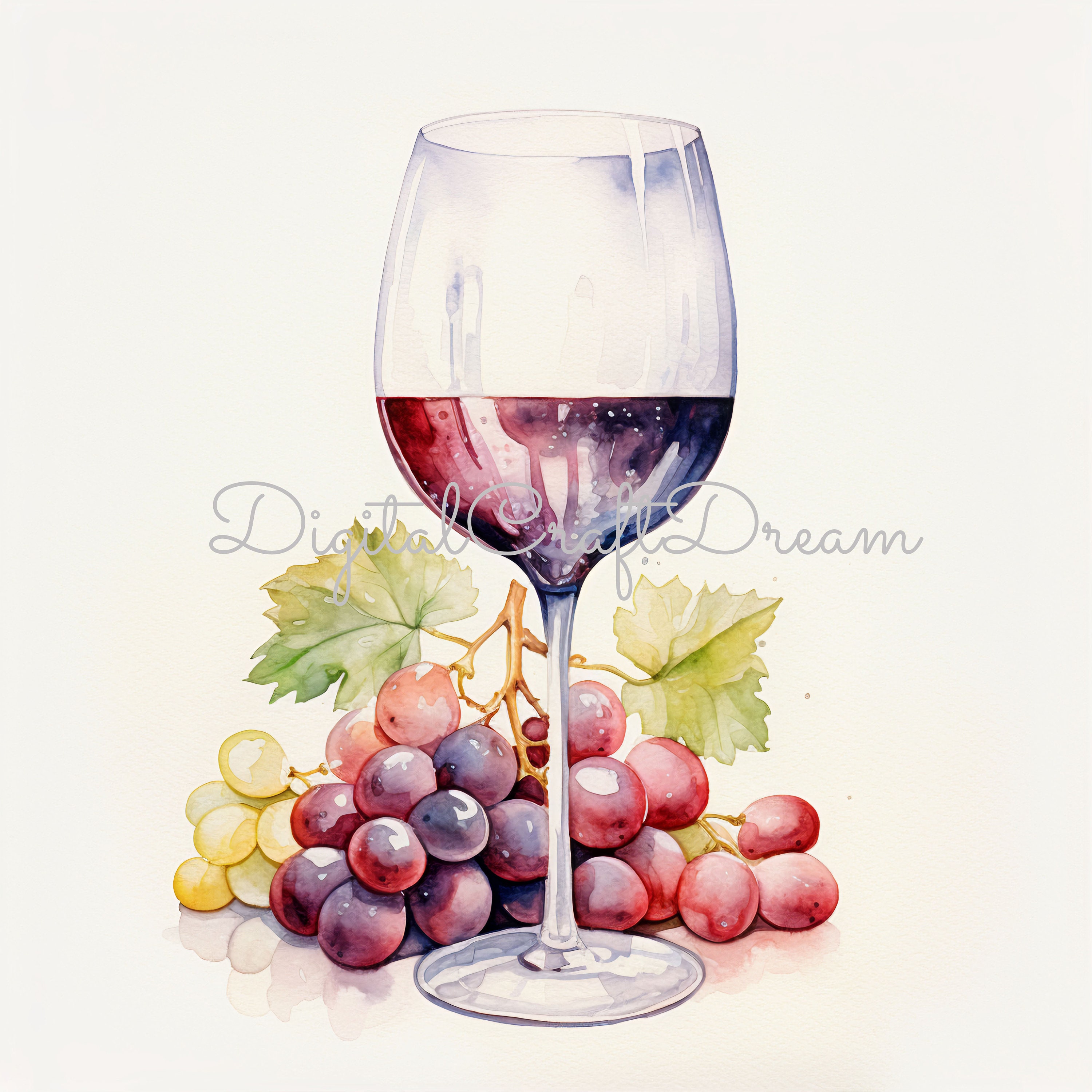 Elegant Wine Glass & Grape Cluster Clipart, Watercolor Style Digital ...
