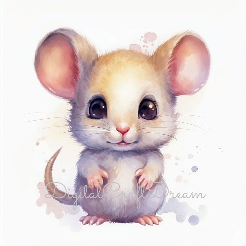 Adorable Watercolor Mouse Clipart, Cute Rodent Digital Art, Charming ...