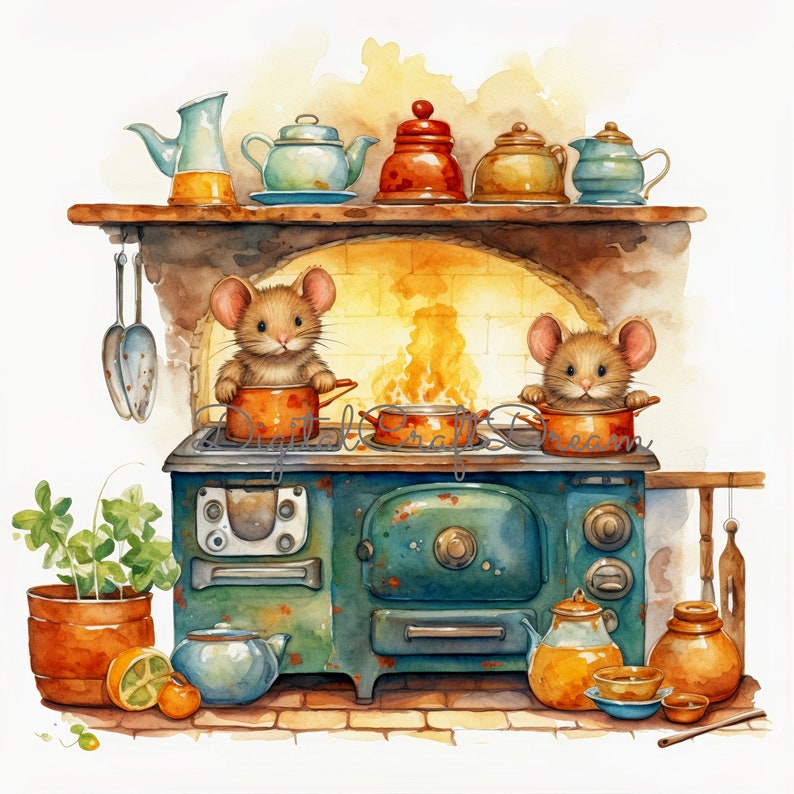 Mouse Kitchen Clipart, 12 High Quality Jpgs, Watercolor Mouse Pictures ...