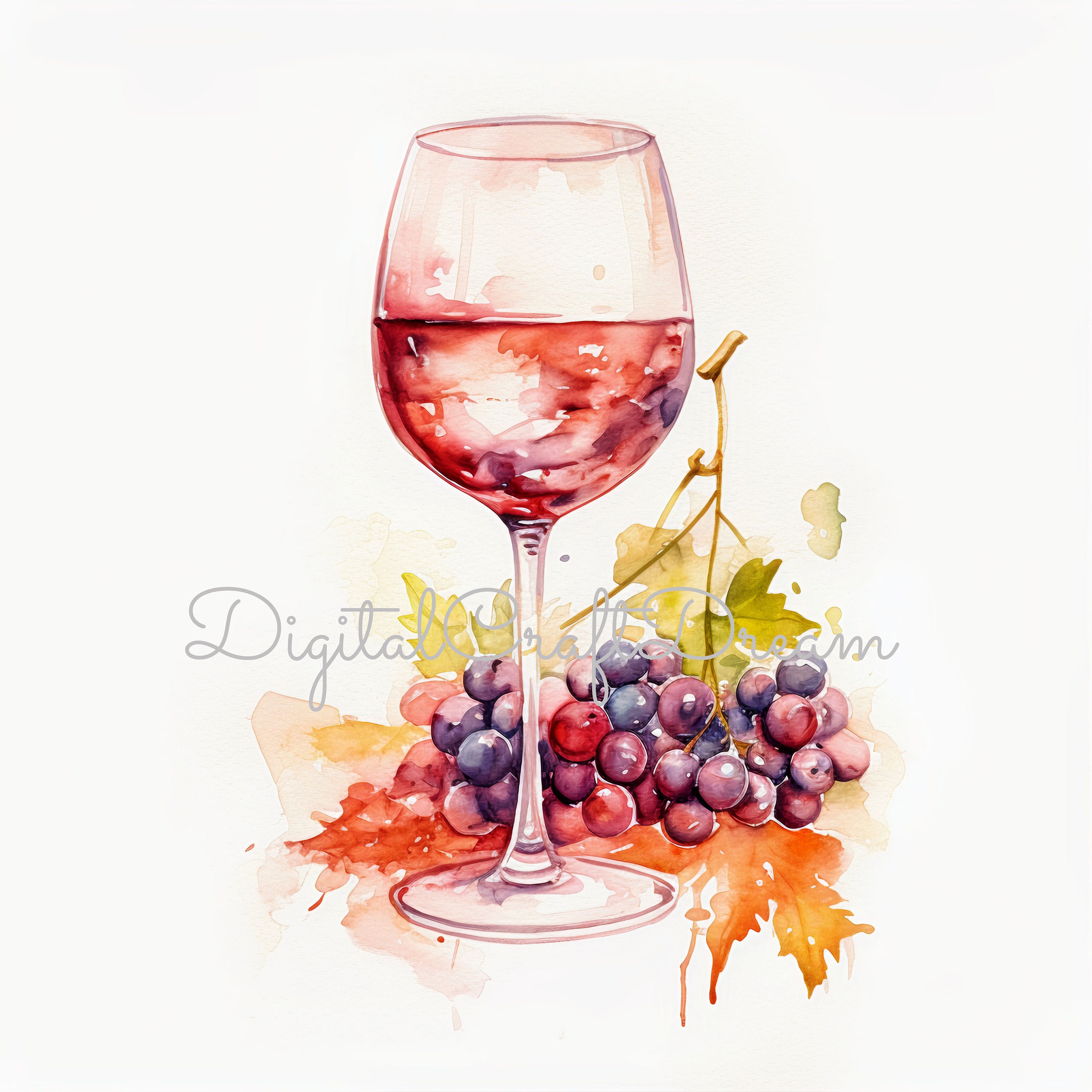 Elegant Wine Glass & Grape Cluster Clipart, Watercolor Style Digital ...