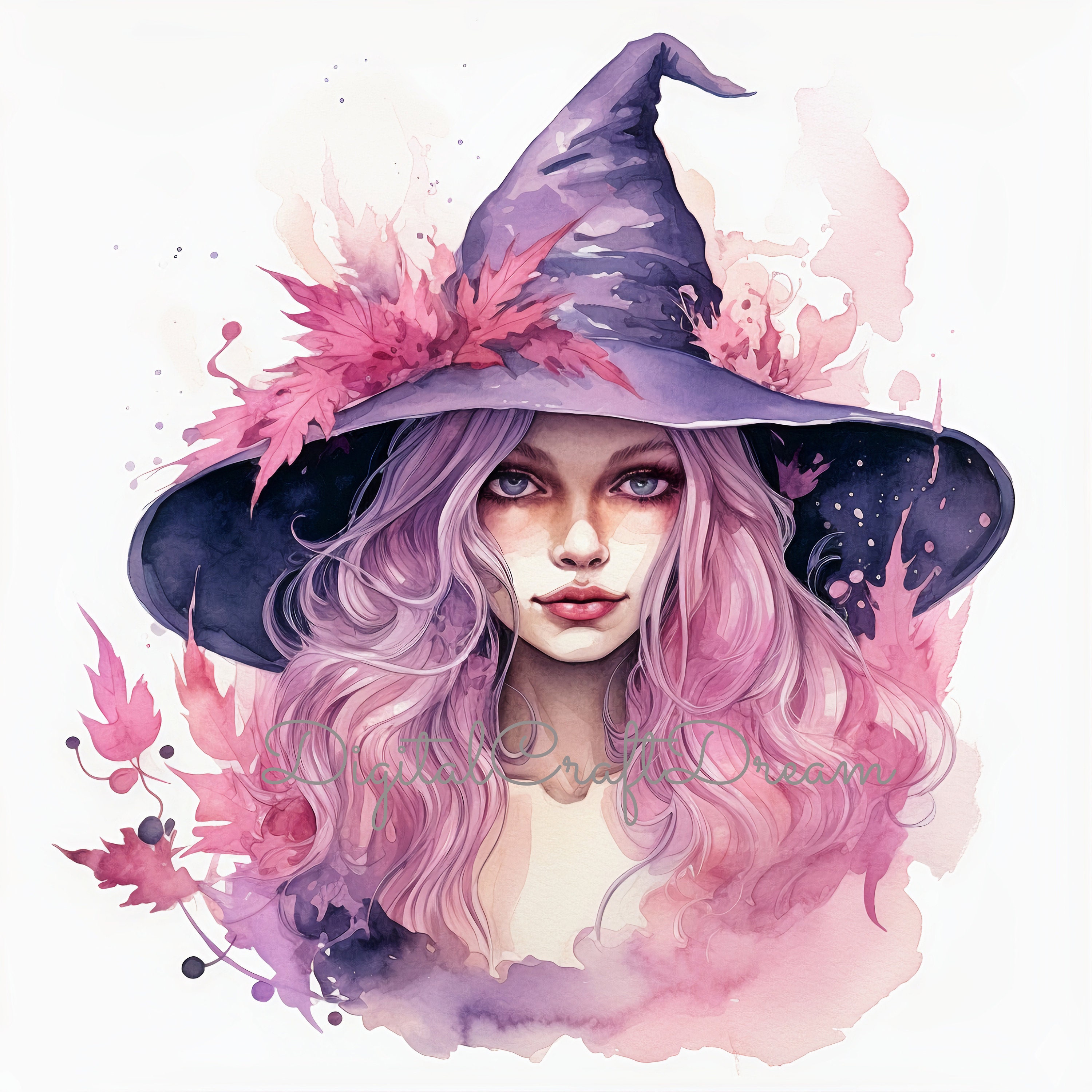 Pink Witch Clipart, 12 High Quality Jpgs, Watercolor Magic Clip Pack ...