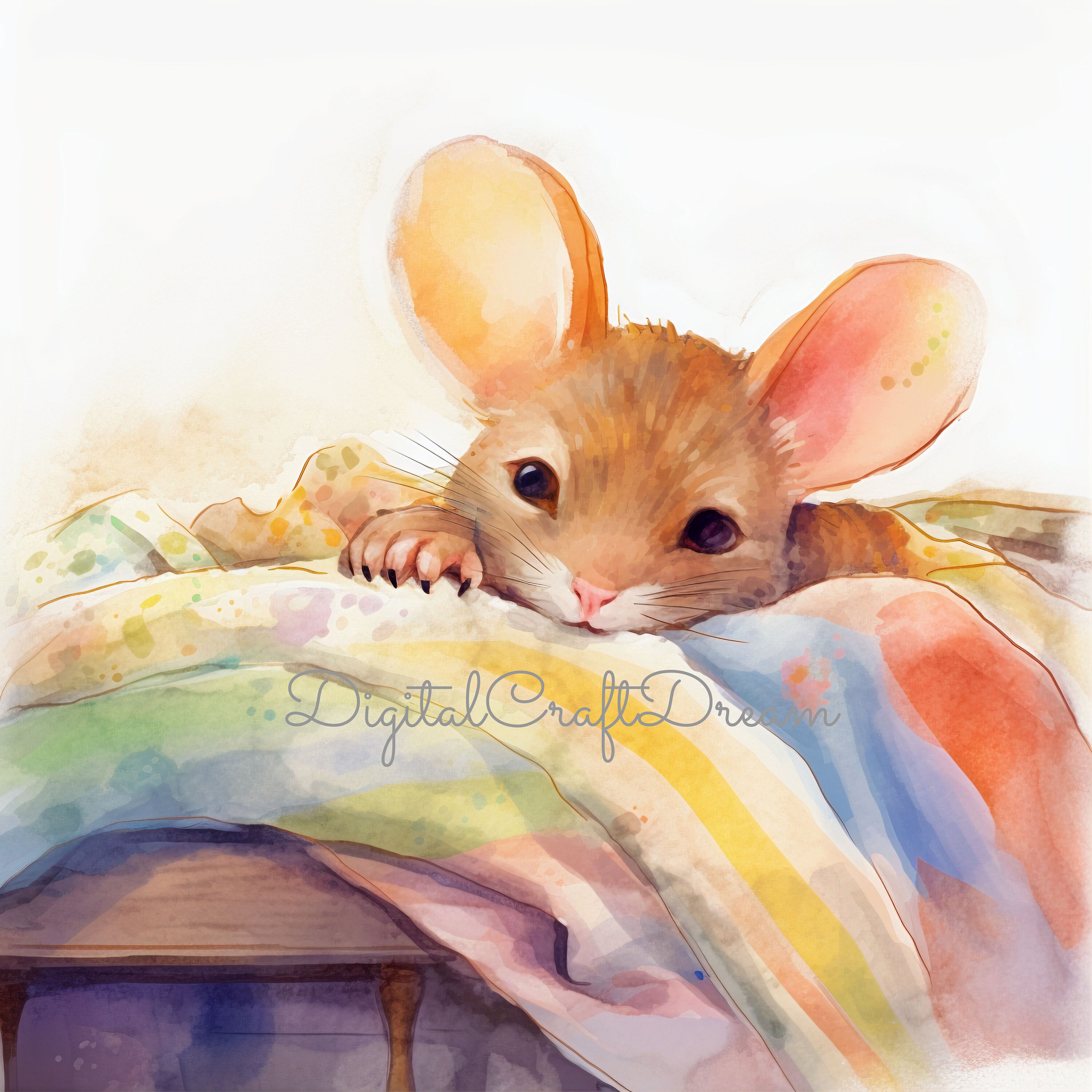 Mouse in Bed Clipart, Digital Download, Mouse Watercolor Images, Animal ...