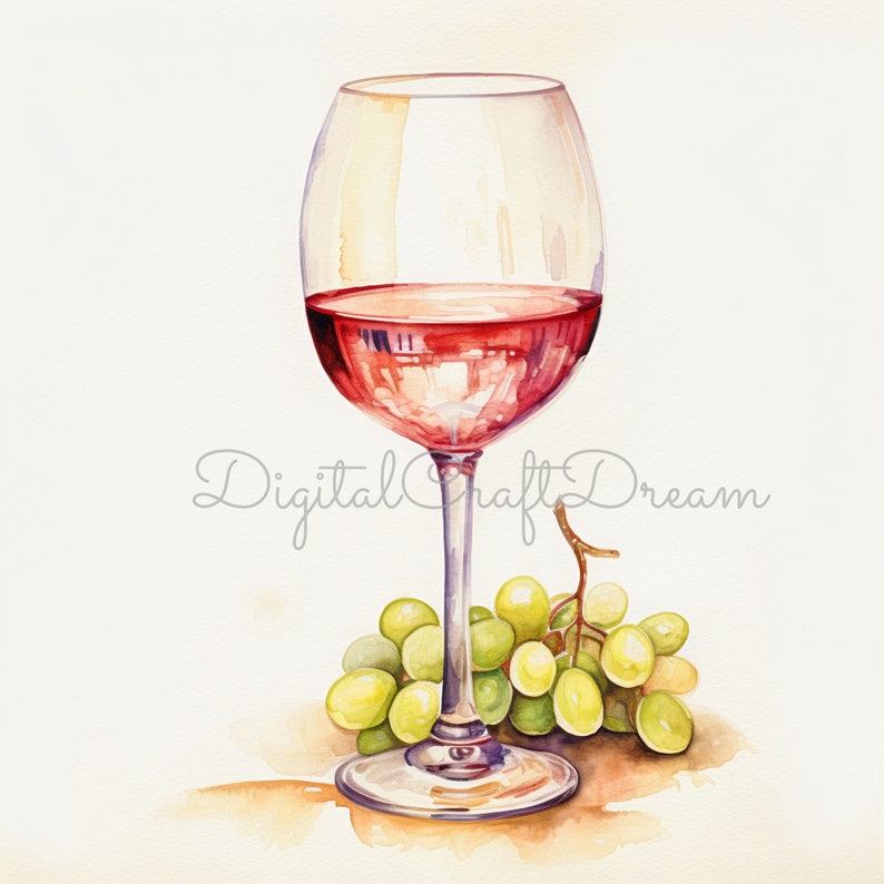Elegant Wine Glass & Grape Cluster Clipart, Watercolor Style Digital ...