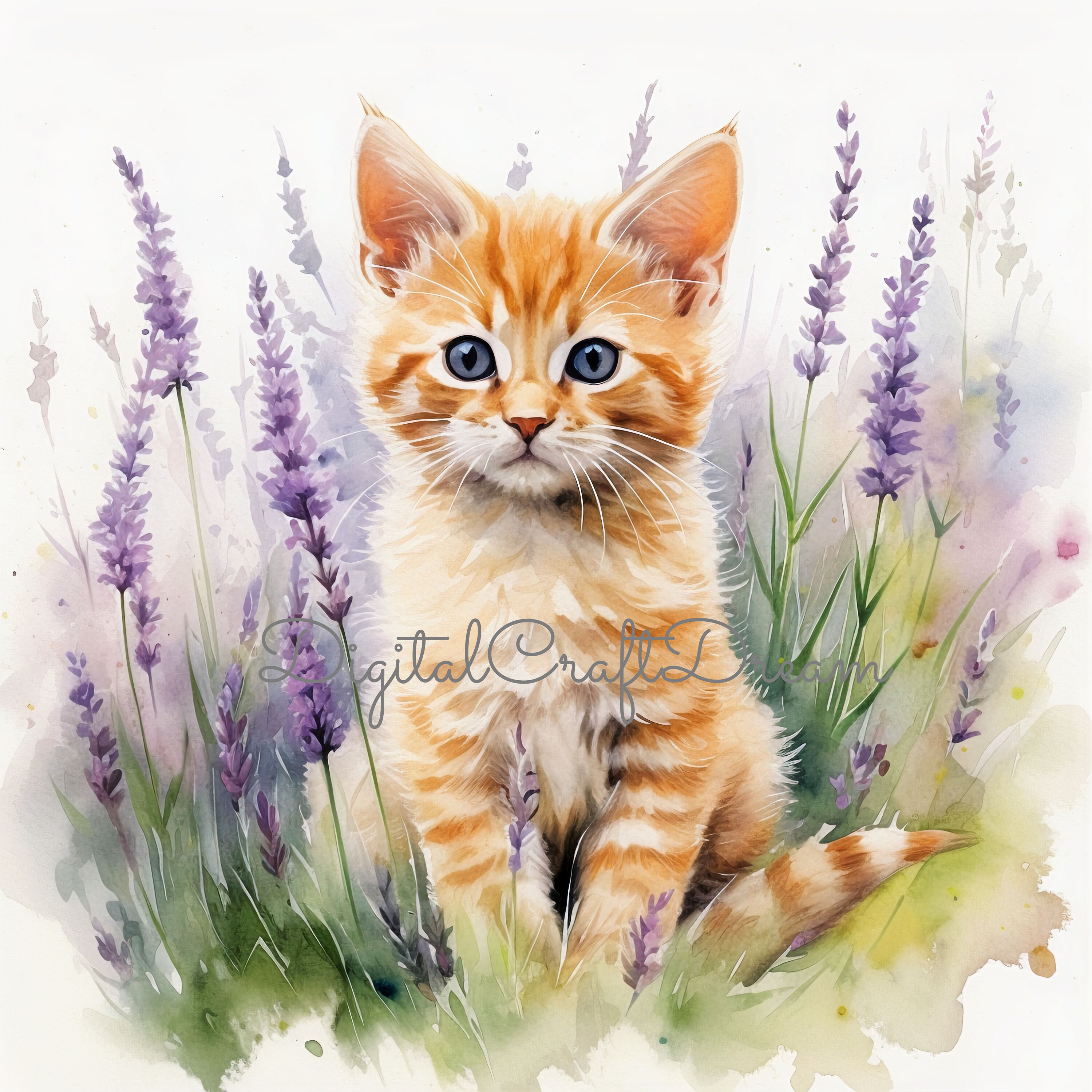 Cat Lavender Clipart Set – 10 Watercolor Orange Kitten Jpgs, Digital ...