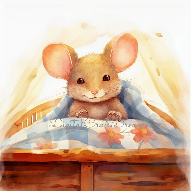 Mouse in Bed Clipart, Digital Download, Mouse Watercolor Images, Animal ...