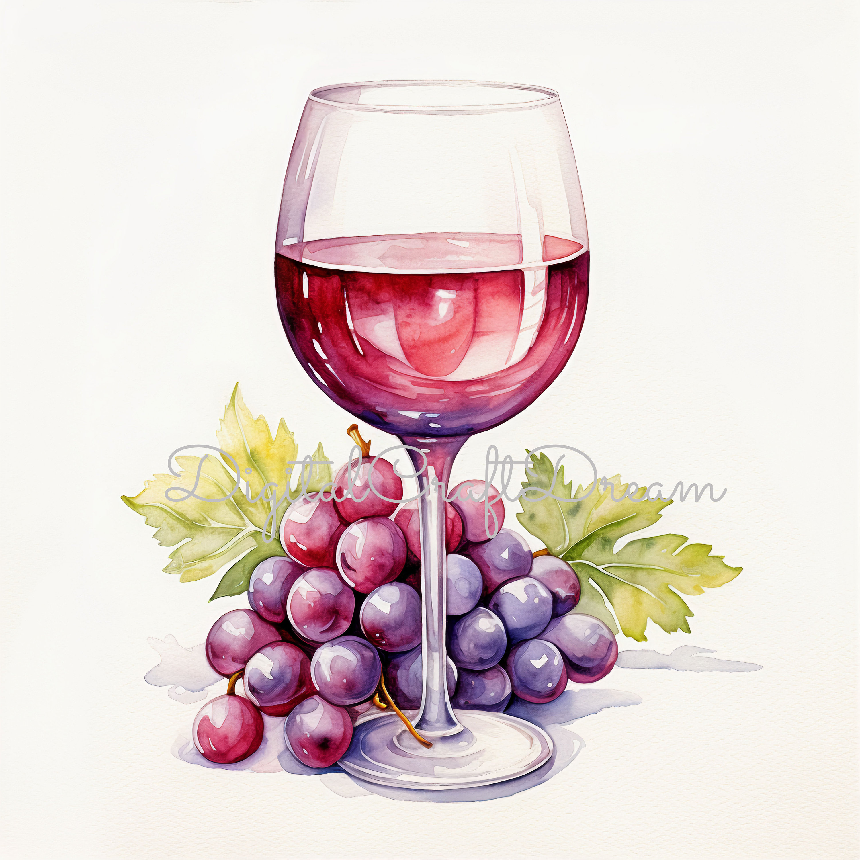 Elegant Wine Glass & Grape Cluster Clipart, Watercolor Style Digital ...