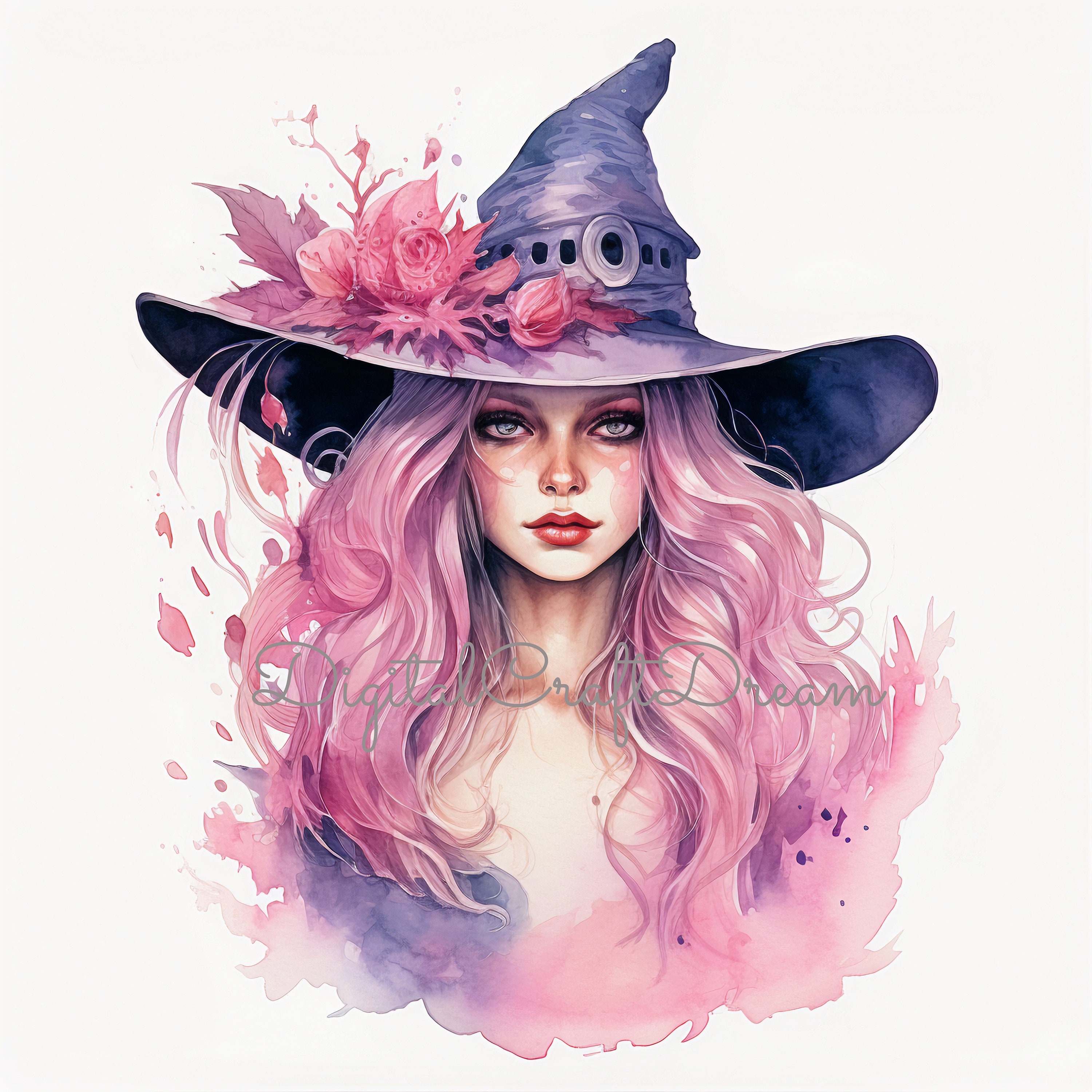 Pink Witch Clipart, 12 High Quality Jpgs, Watercolor Magic Clip Pack ...