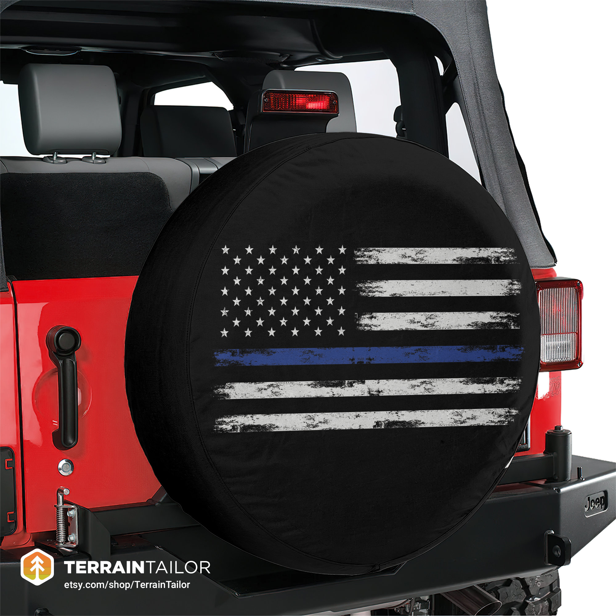 Thin Blue Line Distressed American Flag Custom Spare Tire Cover Fits Jeeps, Broncos, Suvs ...