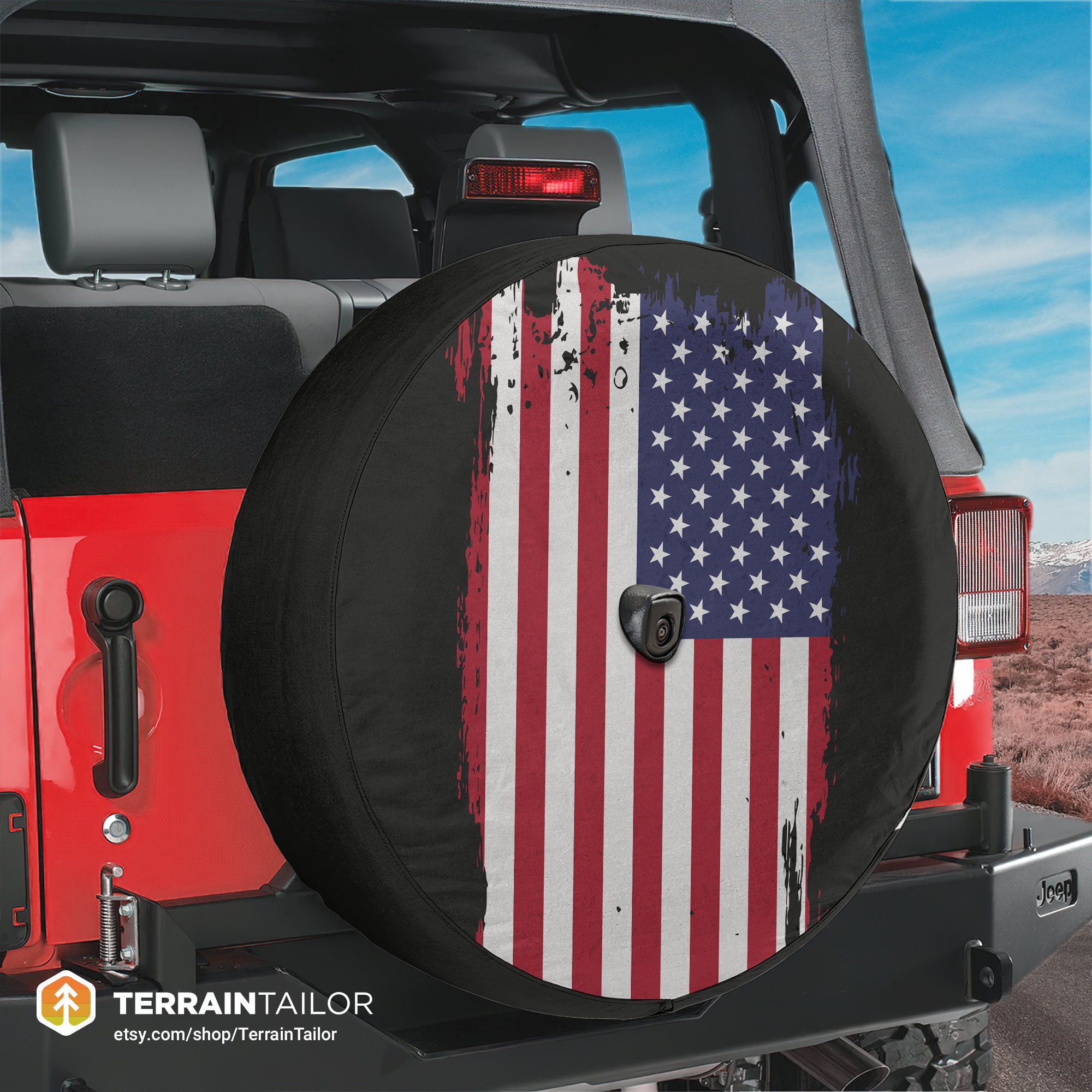 Distressed American Flag Tire Cover W/ Camera Hole Fits Jeeps, Broncos ... Distressed American Flag Tire Cover W/ Camera Hole Fits Jeeps, Broncos ...