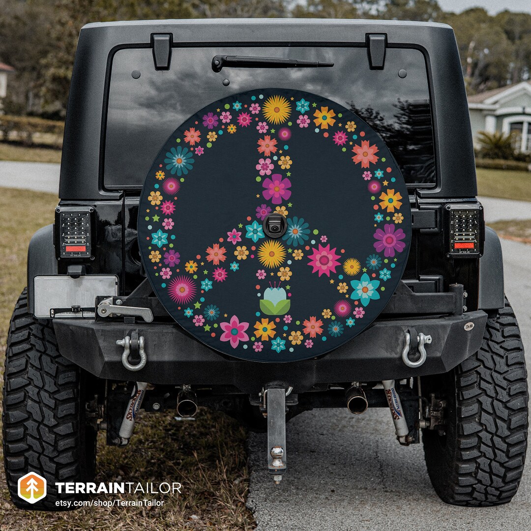 Vibrant Floral Peace Sign Spare Tire Cover Fits Jeeps, Broncos, Suvs ...