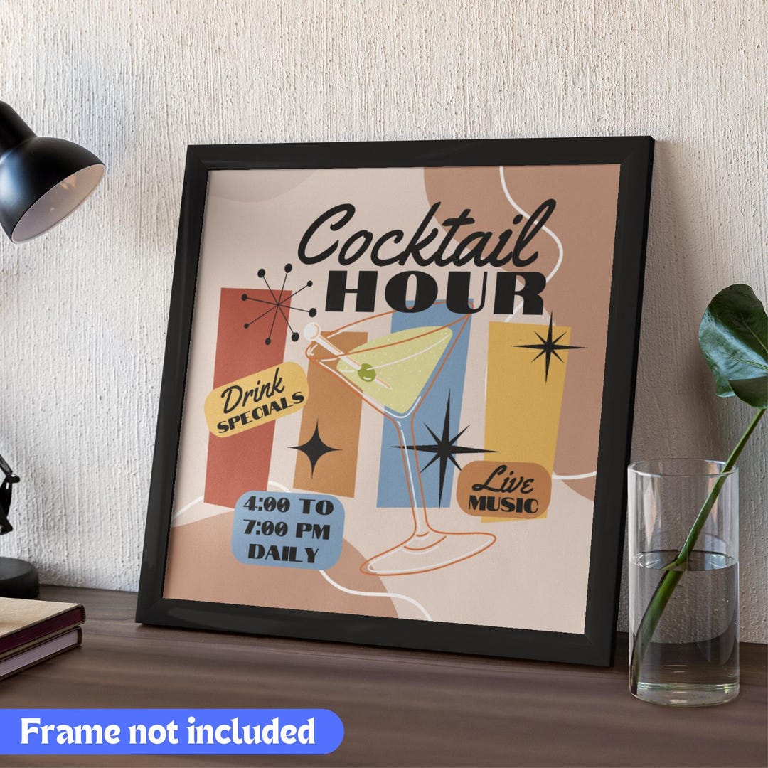 Retro Cocktail Hour Poster, Matte Wall Art Print, Retro Inspired Bar ...