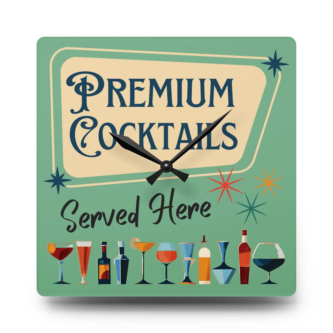 Retro Cocktail Wall Clock, Mid-century Home Decor, Premium Acrylic ...