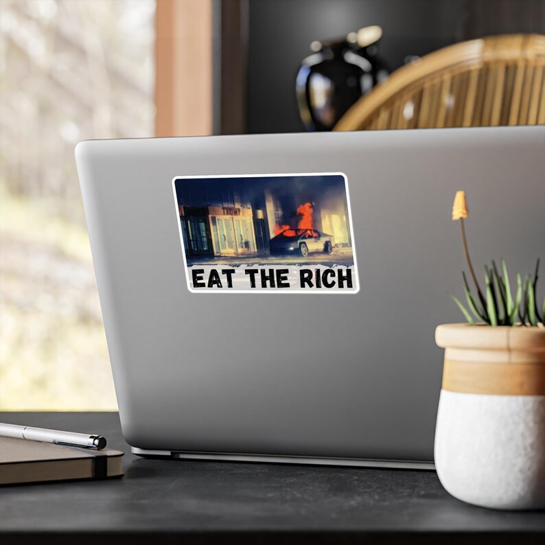 Vinyl Decal, Tesla Cybertruck on Fire Outside Trump Hotel, Eat the Rich ...