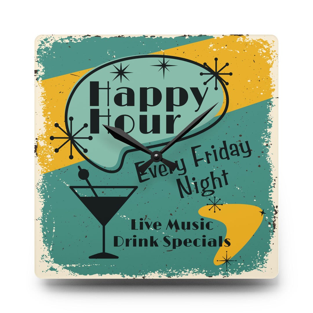 Retro Happy Hour Acrylic Clock, Retro Bar Decor, Vintage Home Decor ...