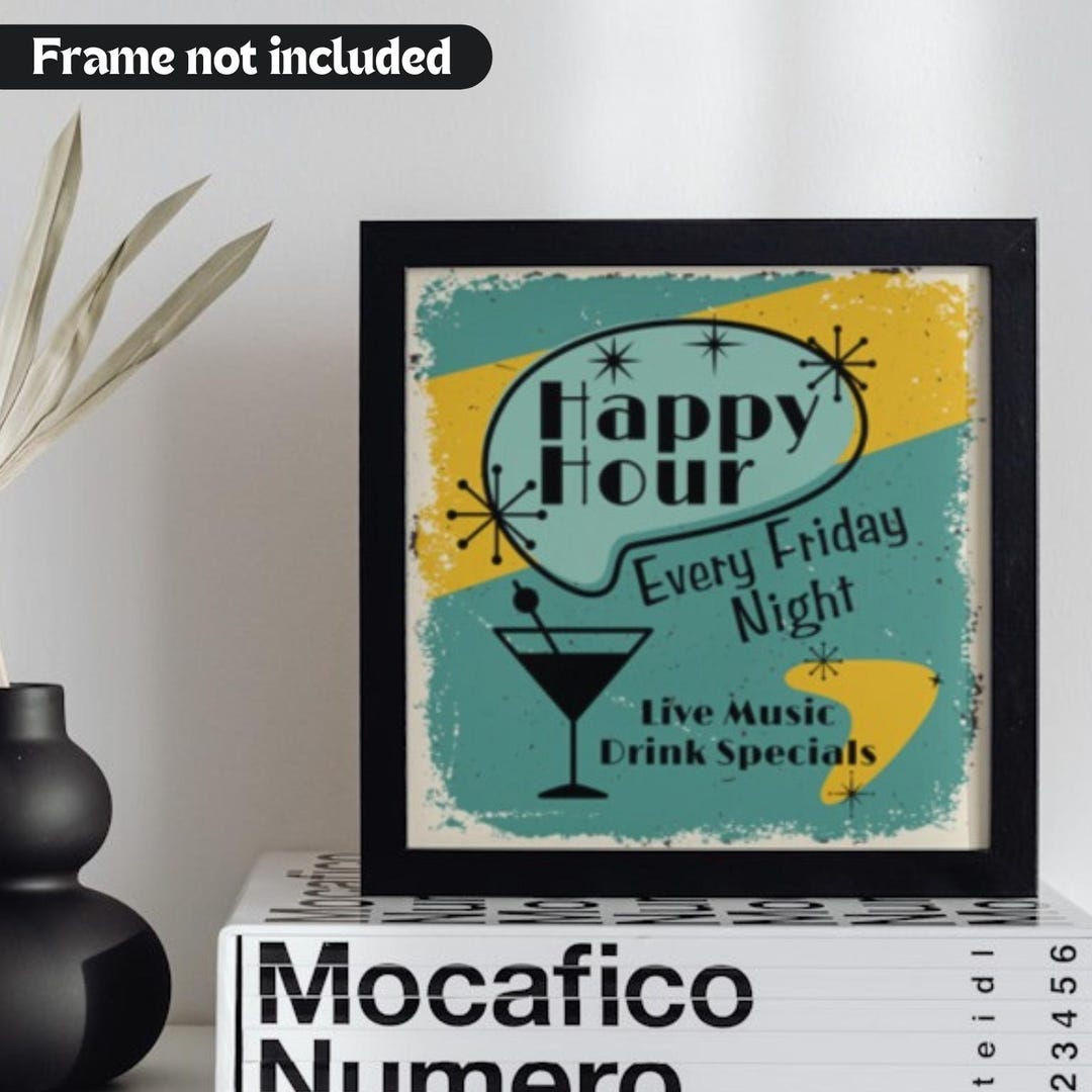 Retro Happy Hour Poster, Matte Wall Art Print, Retro Bar Decor, Vintage ...
