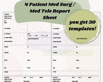 Nurse Report Sheet, Med Surg, Med Tele, 4 Patient Report Sheet, Nurse ...