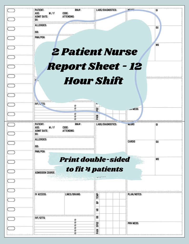 2 Patient Nurse Report Sheet (12 Hour Shift), Med Surg, Med Tele, ICU ...