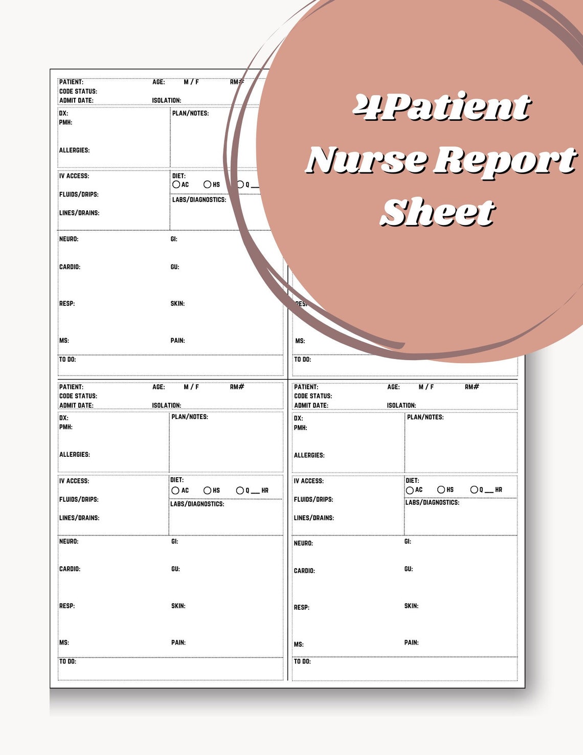 Nurse Report Sheet, Med Surg, Med Tele, 4 Patient Report Sheet, Nurse ...