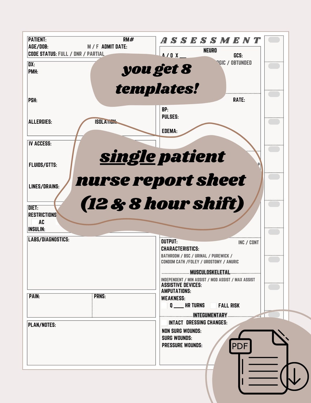 Single Patient Nurse Report Sheet, Med Surg, Med Tele, Nurse Brain ...
