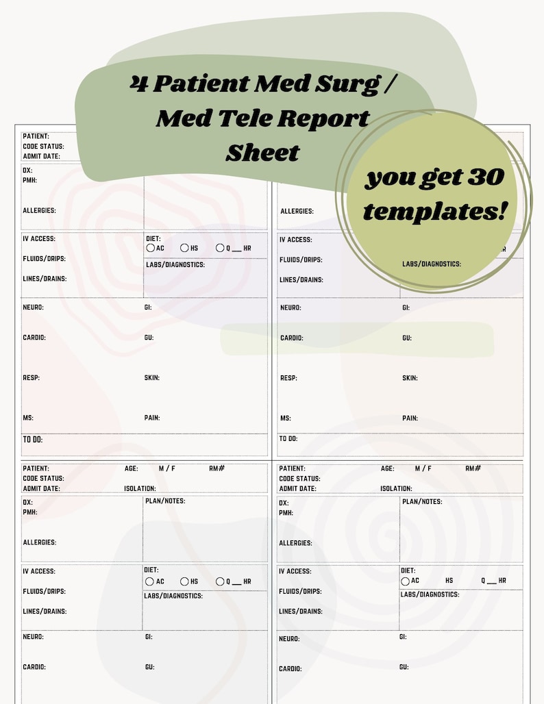 Nurse Report Sheet (colorful), Med Surg, Med Tele, 4 Patient Report ...