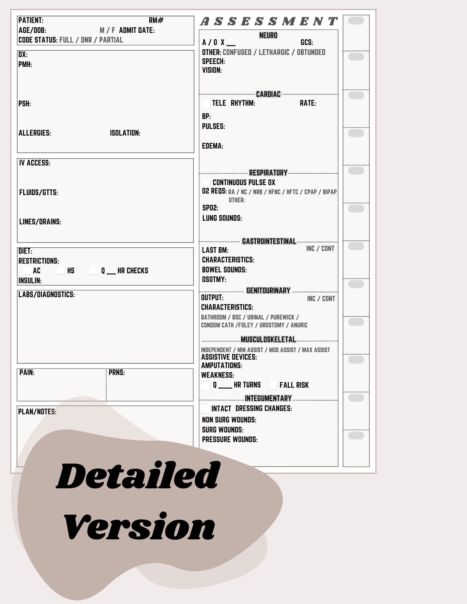 Single Patient Nurse Report Sheet, Med Surg, Med Tele, Nurse Brain ...