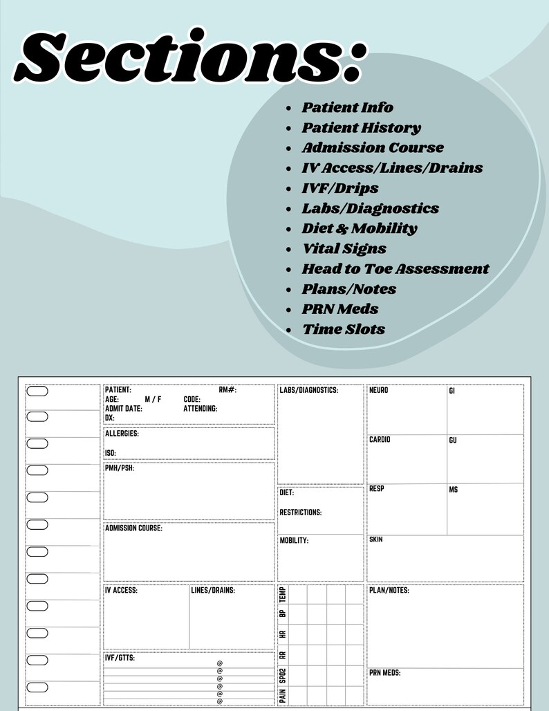 2 Patient Nurse Report Sheet (12 Hour Shift), Med Surg, Med Tele, ICU ...