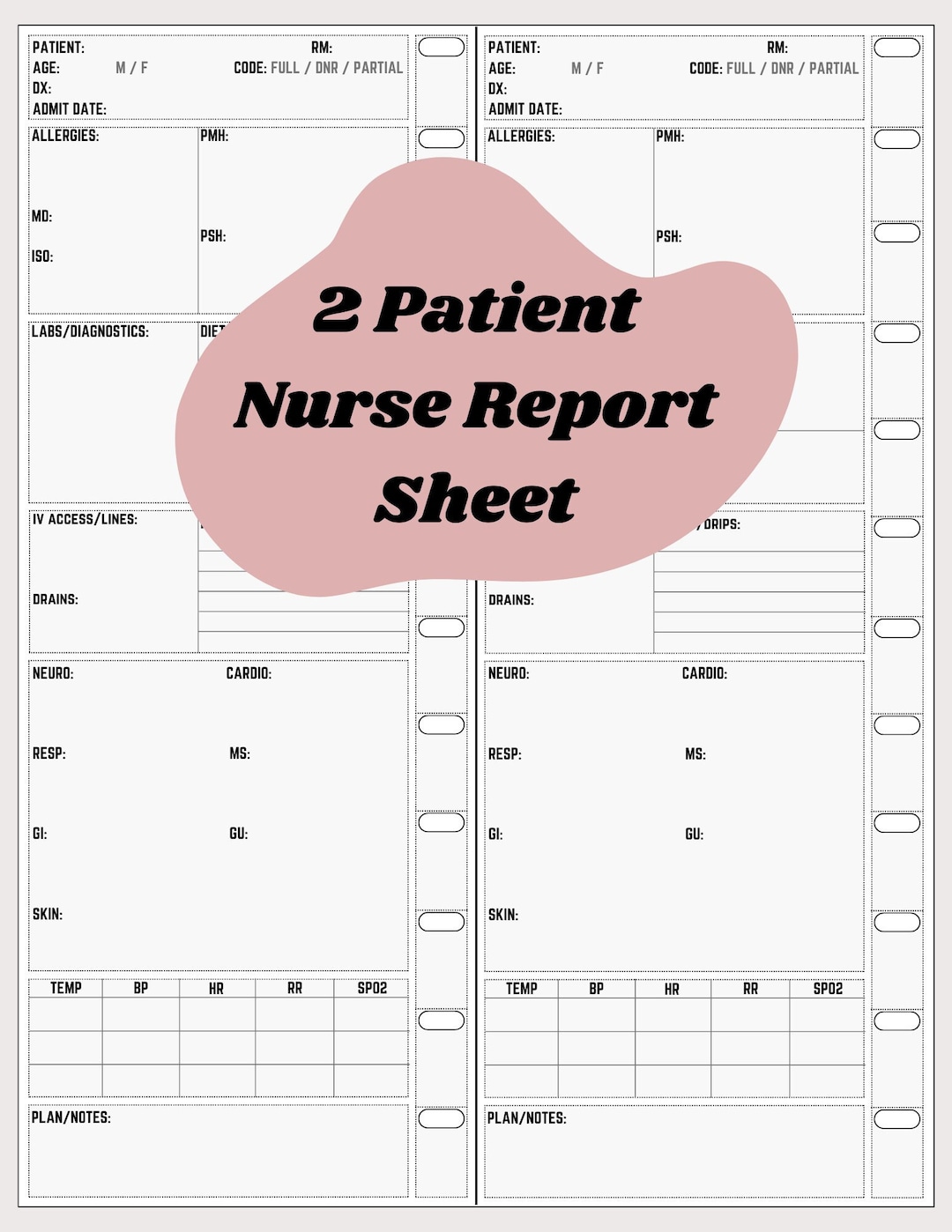 2 Patient Nurse Report Sheet, Med Surg, Med Tele, ICU, Nurse Brain, 12 Hour Shift Nurse Sheet, 2 ...