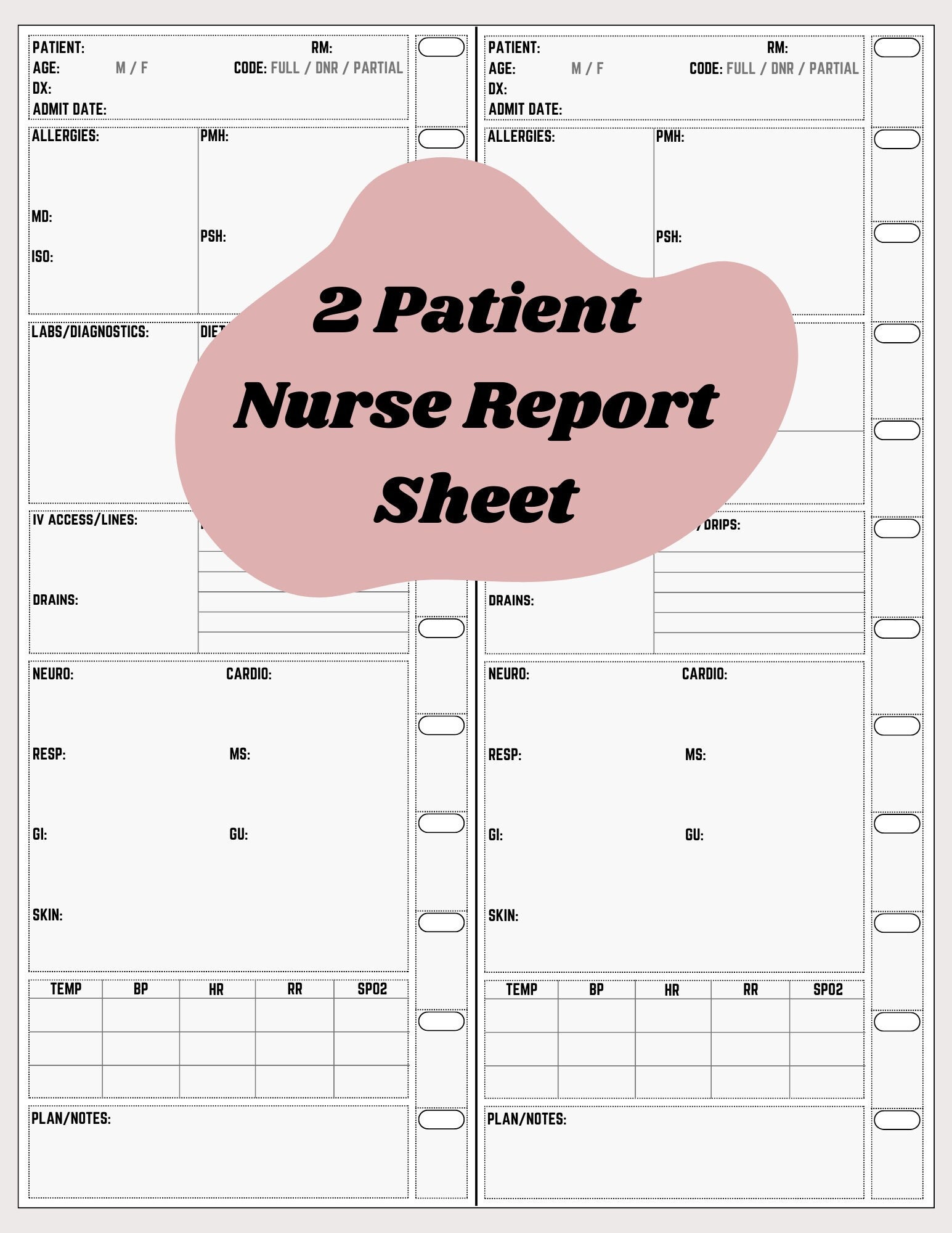2 Patient Nurse Report Sheet, Med Surg, Med Tele, ICU, Nurse Brain, 12 ...