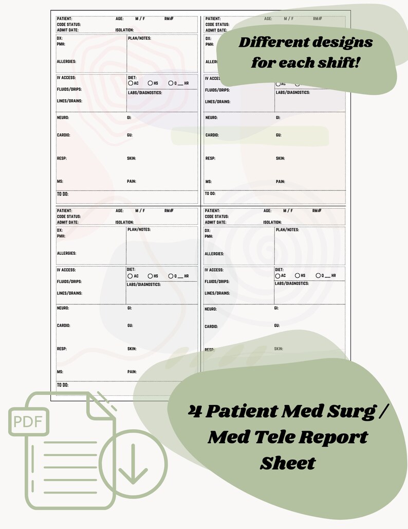 Nurse Report Sheet (colorful), Med Surg, Med Tele, 4 Patient Report ...