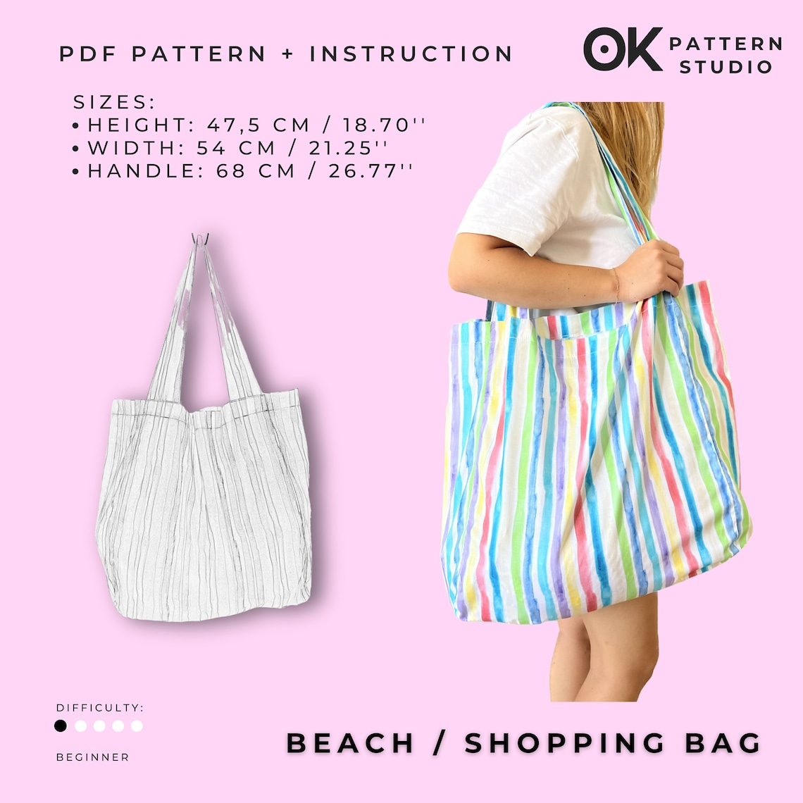 Easy Market Shopping Bag PDF Pattern, Reusable Large Tote Bag Sewing ...