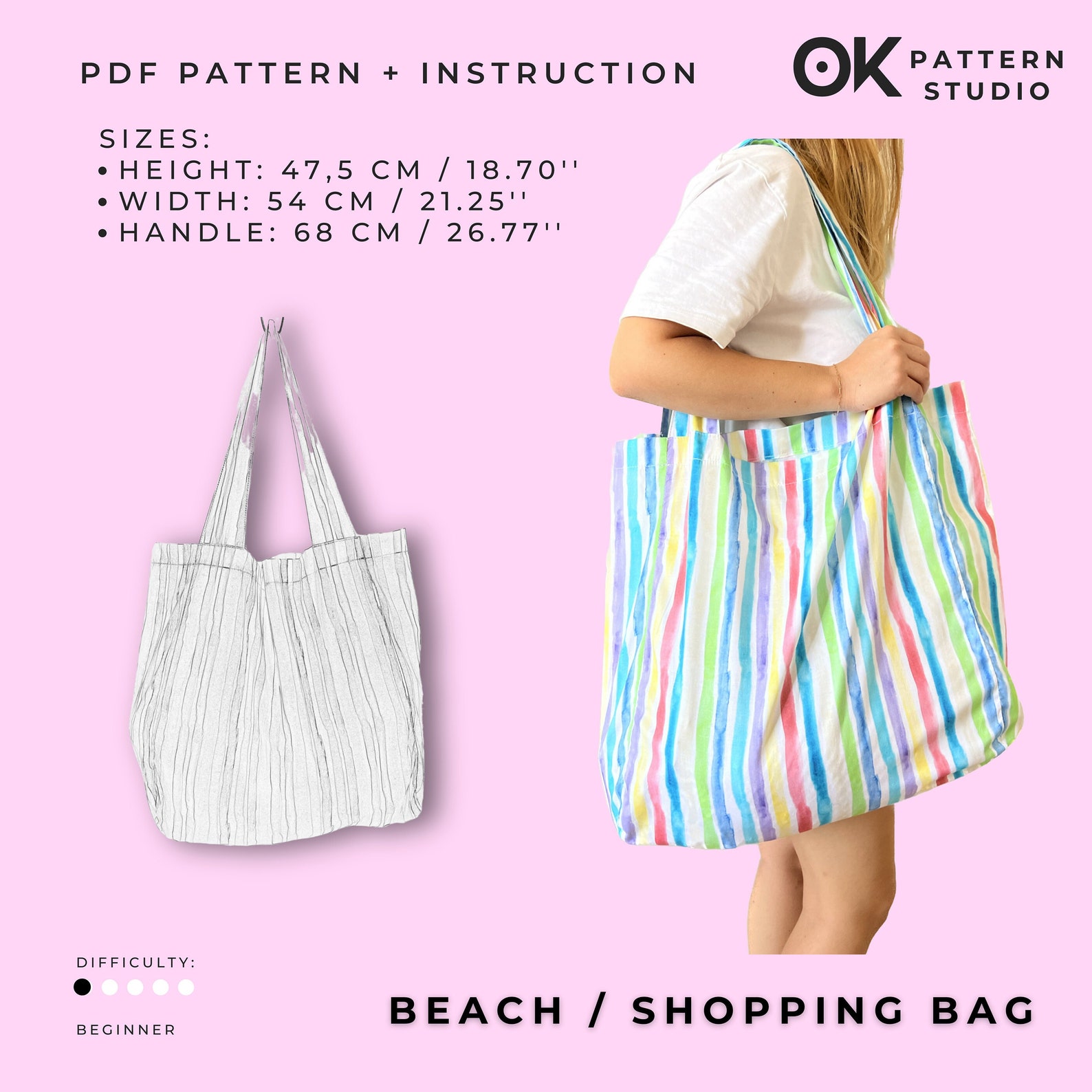 Easy Market Shopping Bag PDF Pattern, Reusable Large Tote Bag Sewing ...