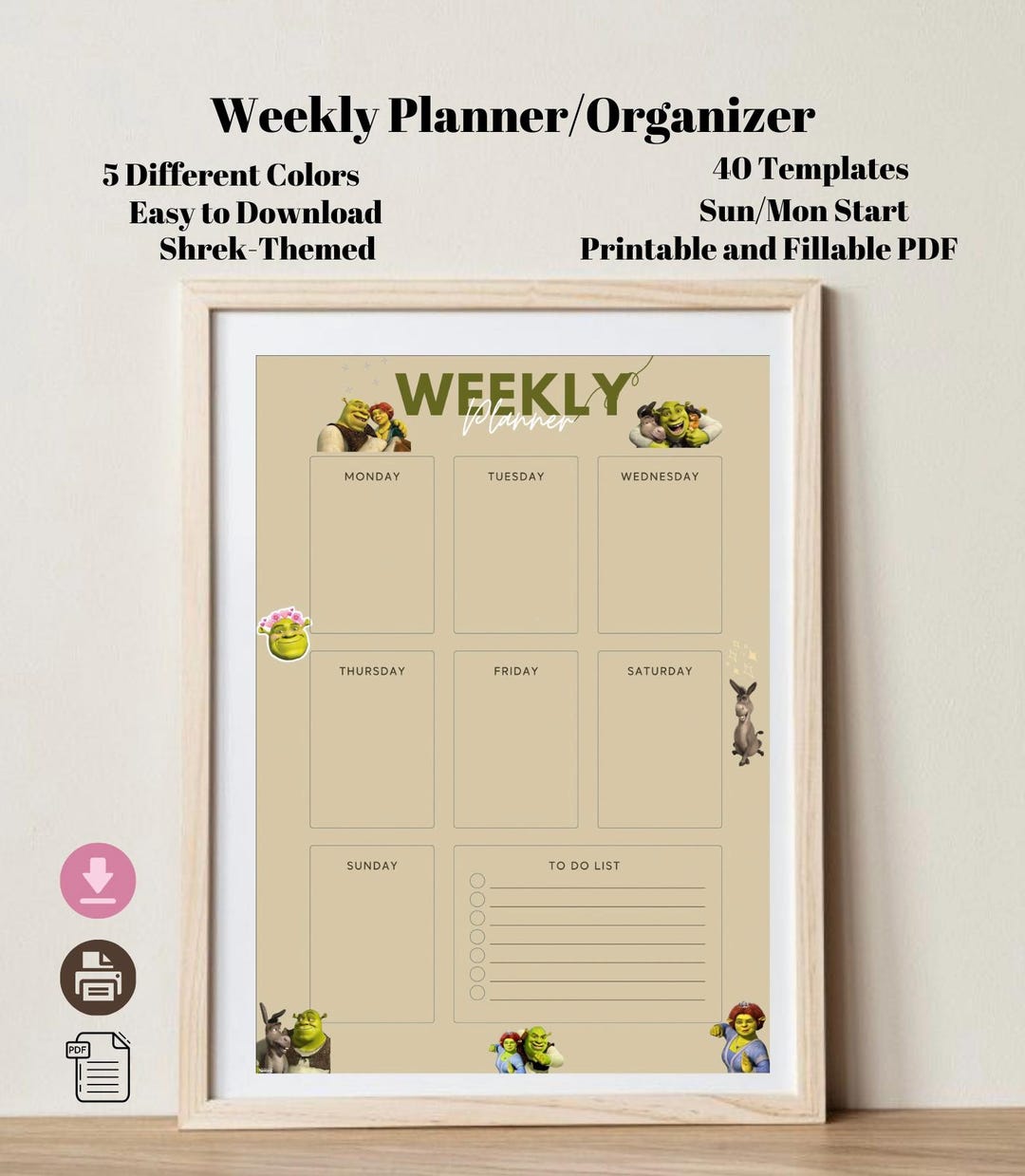 Shrek-themed Digital Weekly Planner 5 Colors Printable & Easy to ...