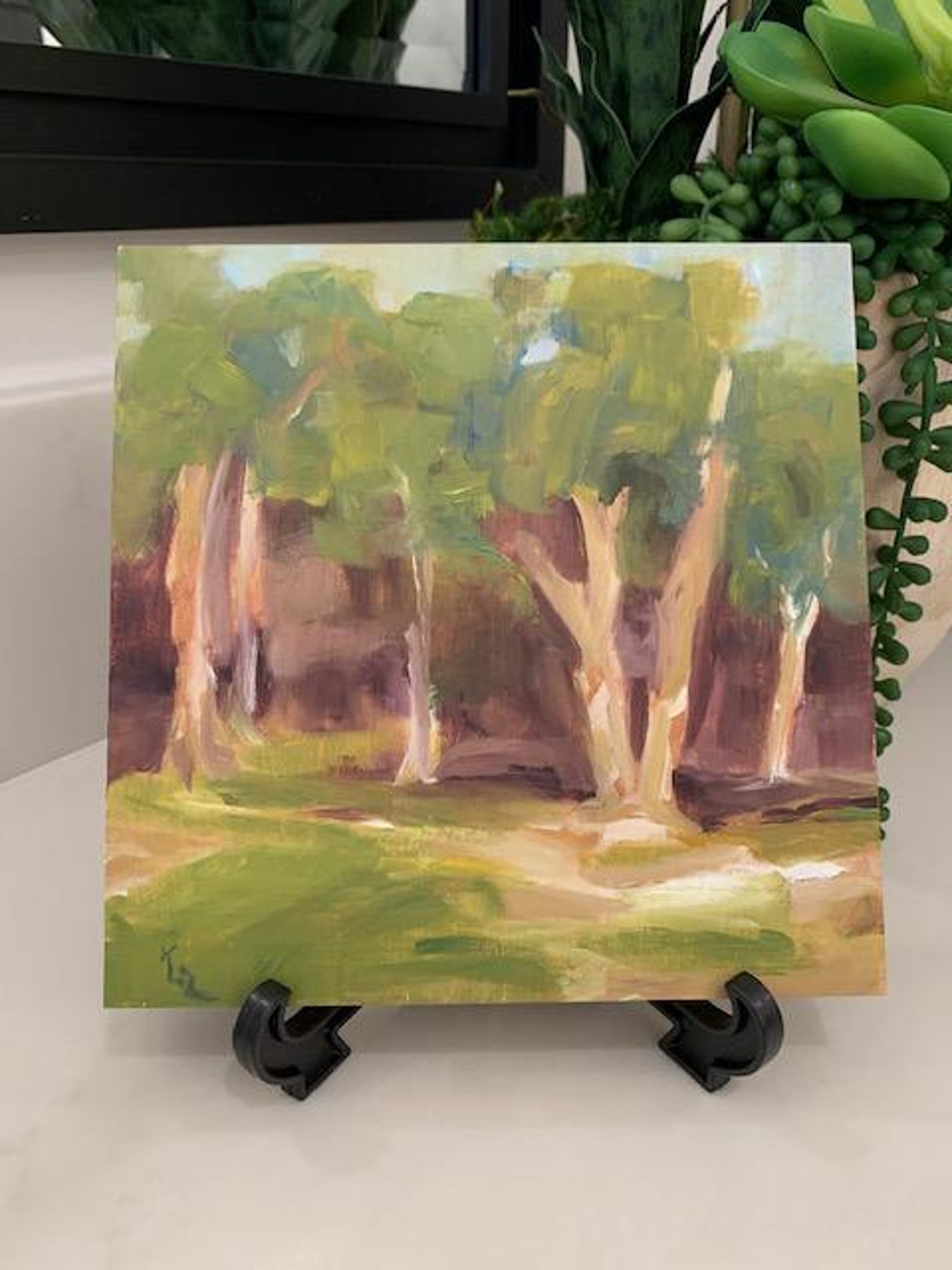 Art Oil Painting Small Painting on a Wood Stand Trees Oil Painting on ...