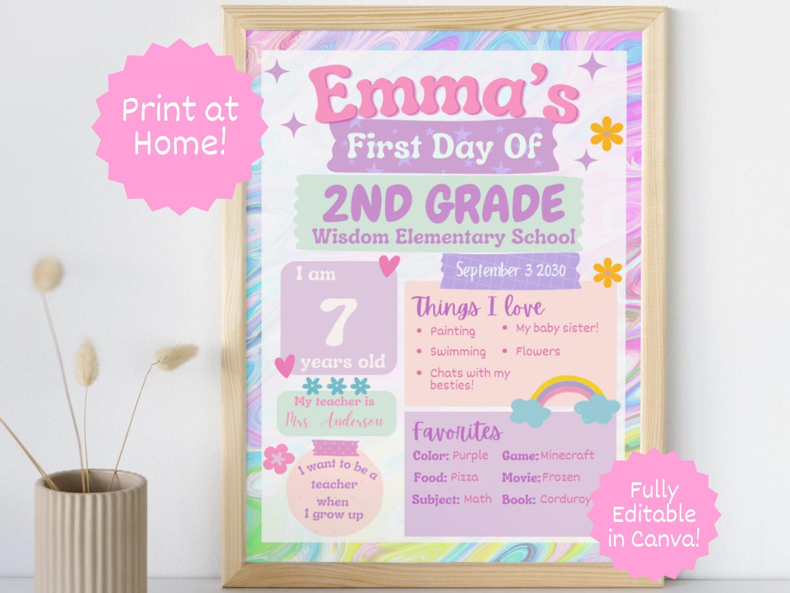 Editable First Day of School Sign, Girly Prints Pink, Back to School ...