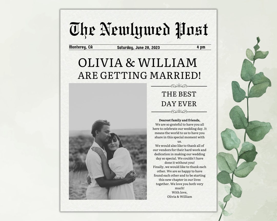 Newspaper Wedding Printable Template, Editable Wedding Day Timeline ...