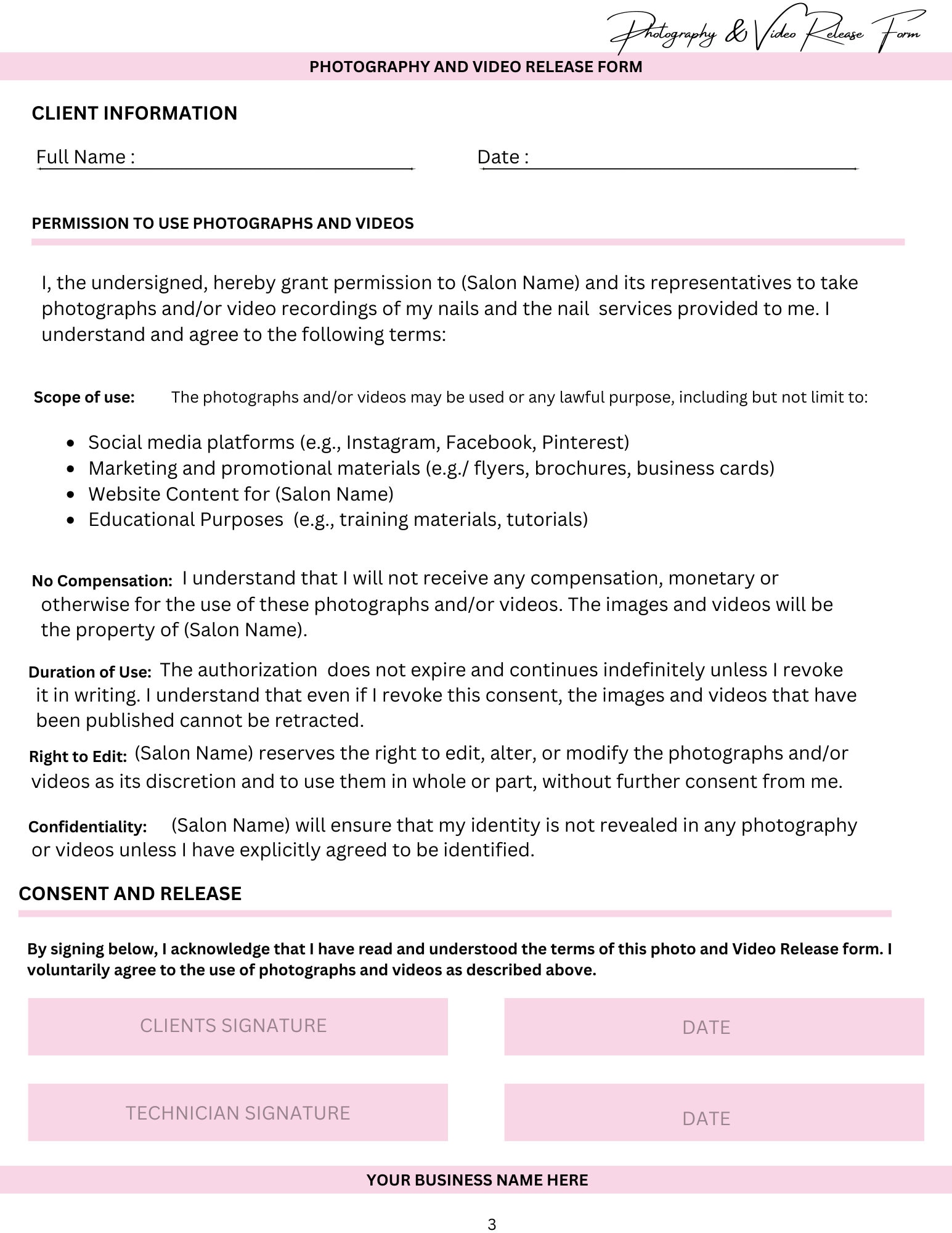Nail Tech Forms: Client Intake & Consent - Canva Template (US Letter ...